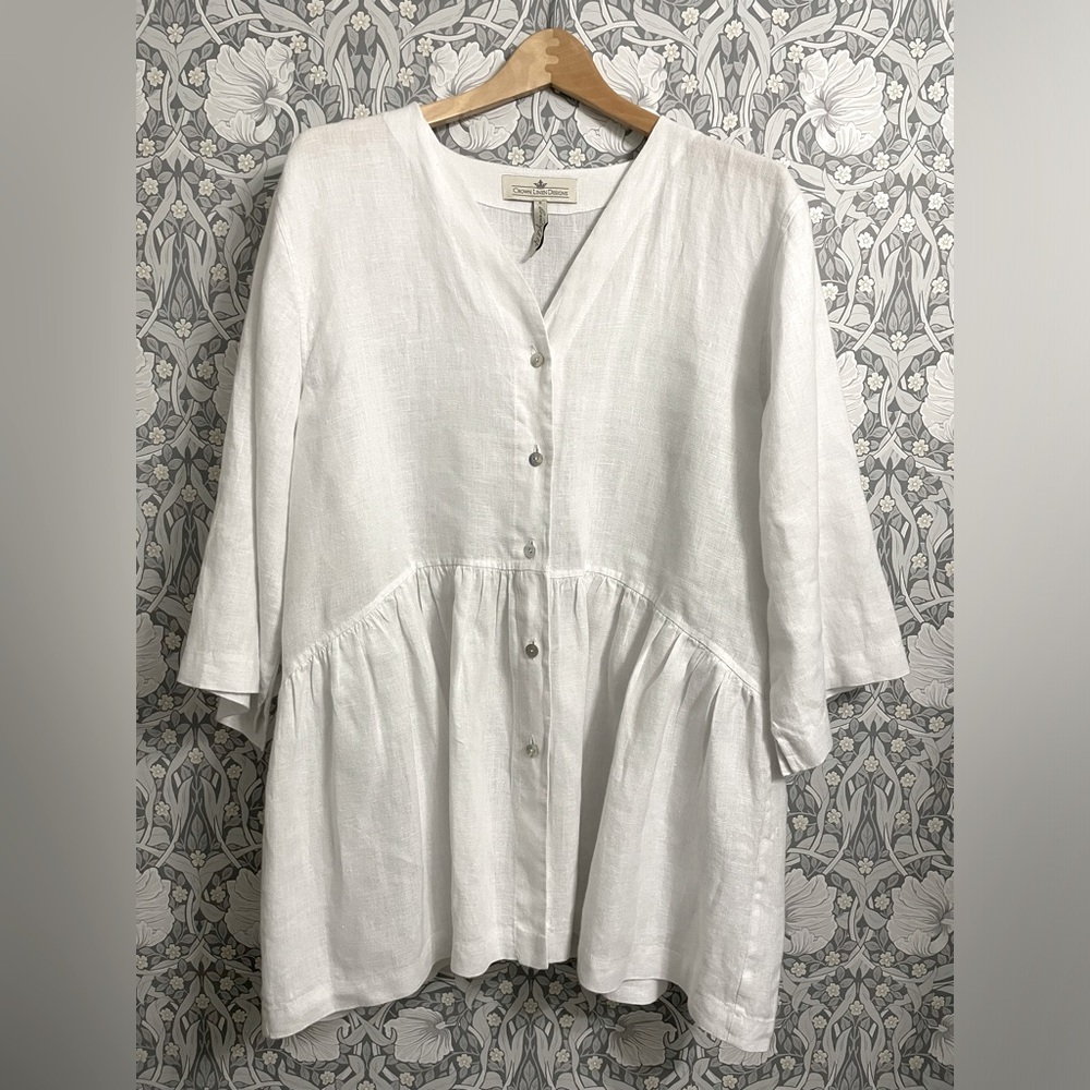 Crown Linen Designs White 100% Linen Button Blouse To… - Gem